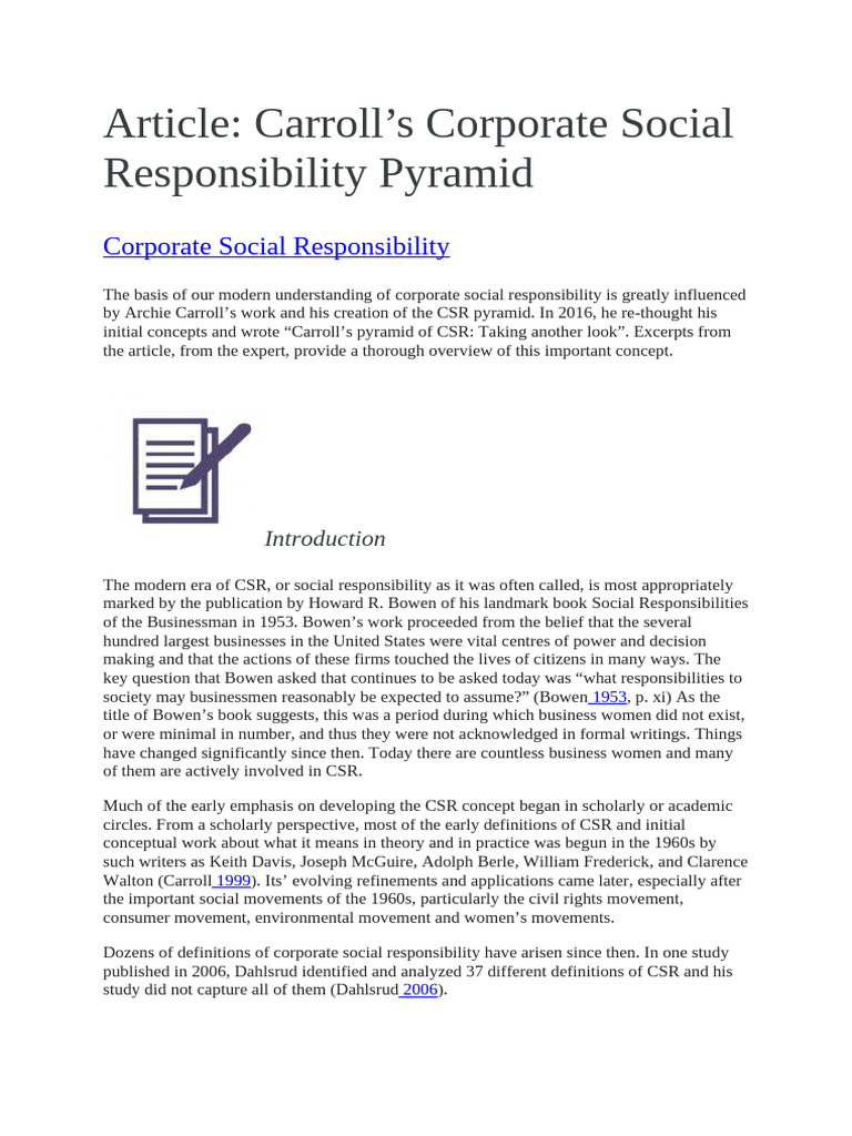 Article Carroll's Corporate Social Responsibility Pyramid | PDF | Corporate Social ...