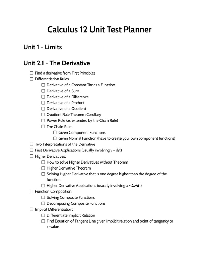 Calculus 12 Unit Test Overview | PDF