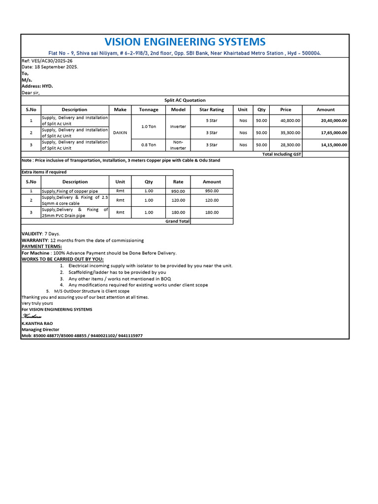 Split AC Installation Quotation | PDF | Electrical Engineering