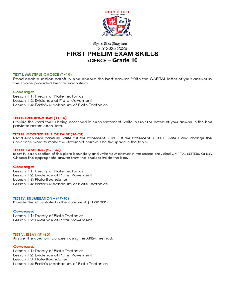 Science 10 Jhs 1st Prelim Exam Coverage and Skills | PDF