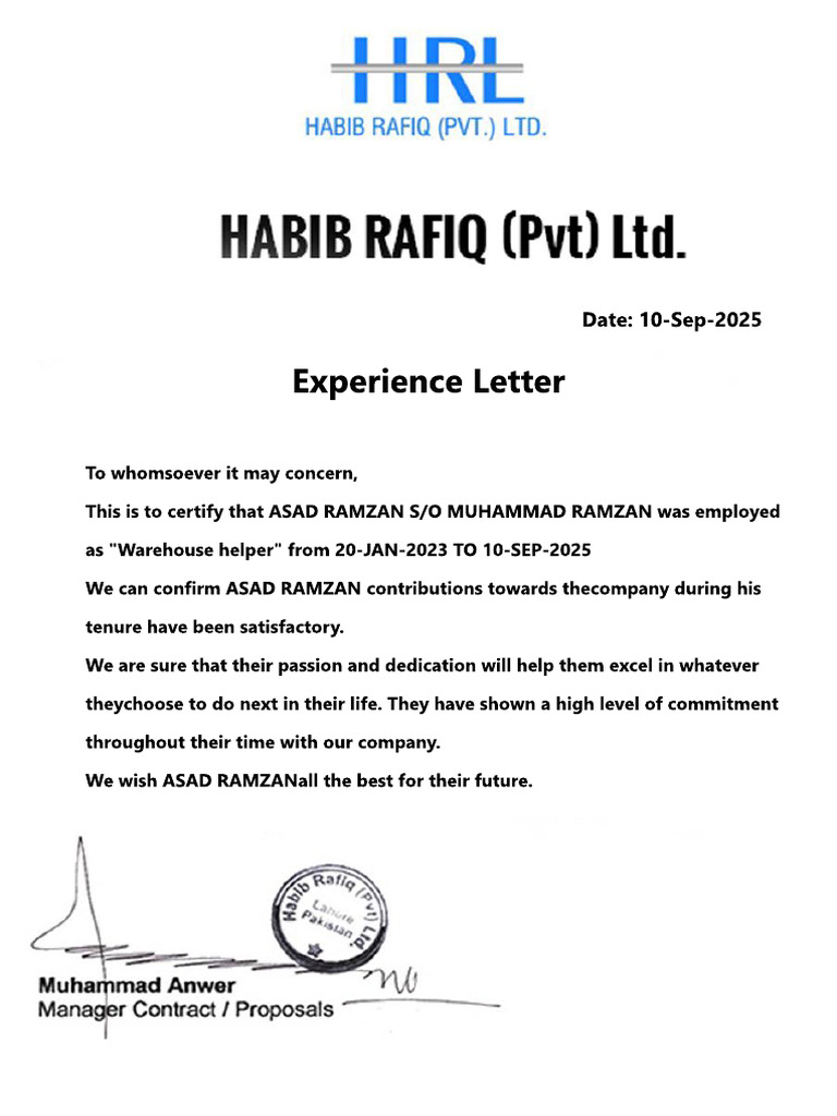 Warehouse Helper Experience Certificate | PDF