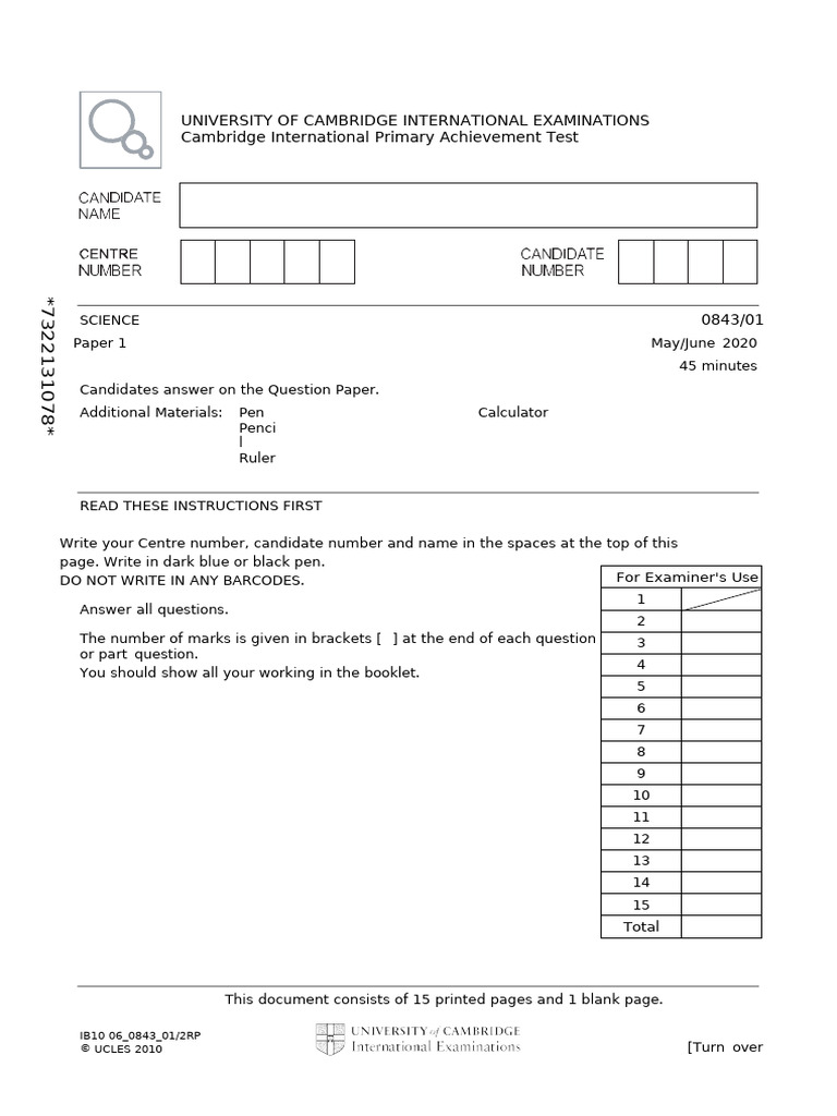 Cambridge Primary Science Test 2020 | PDF
