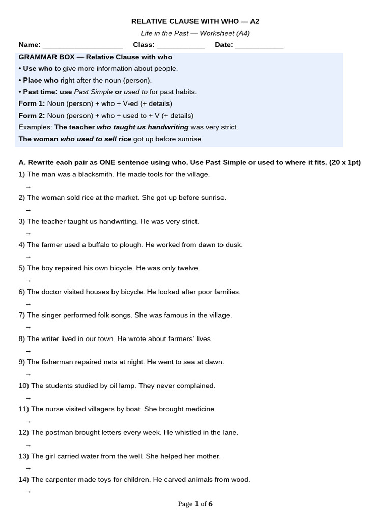Relative Clause Who A2 Life in The Past 20items A4 | PDF