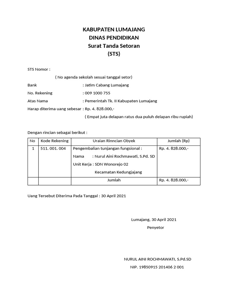 Surat Tanda Setoran (STS) Tunjangan Fungsional | PDF