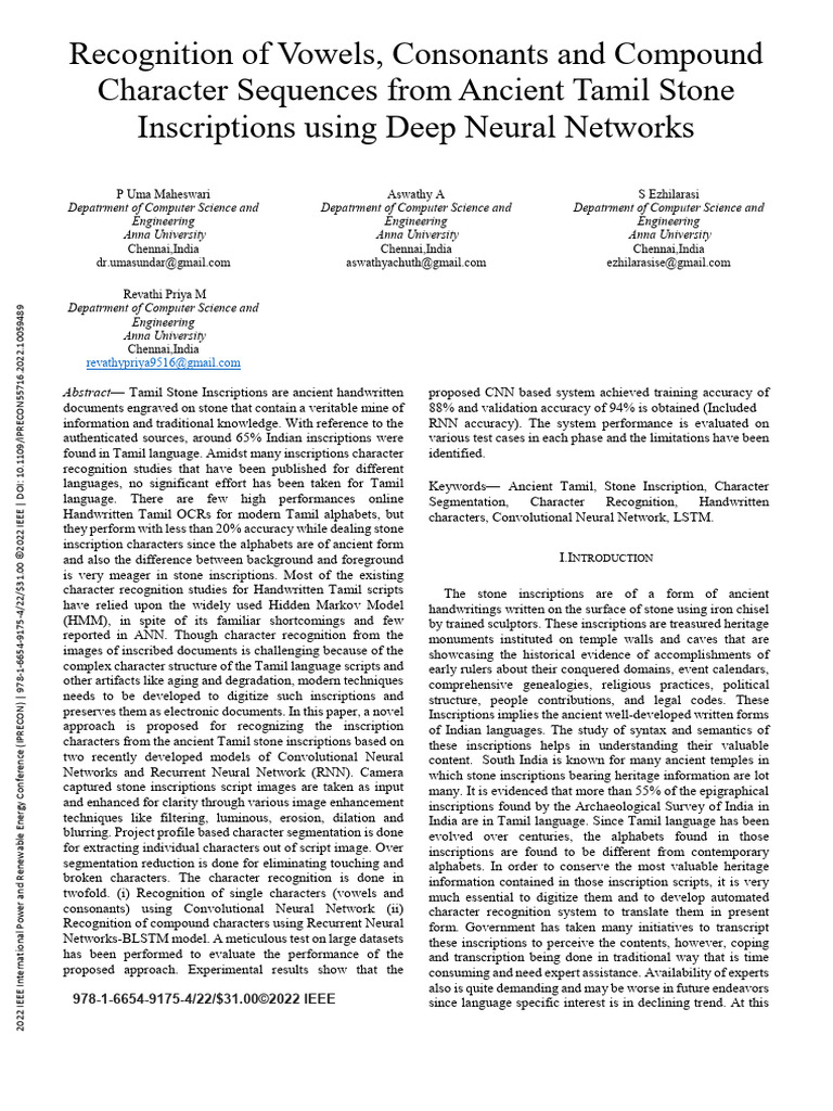Recognition of Vowels Consonants and Compound Character Sequences From Ancient Tamil Stone ...
