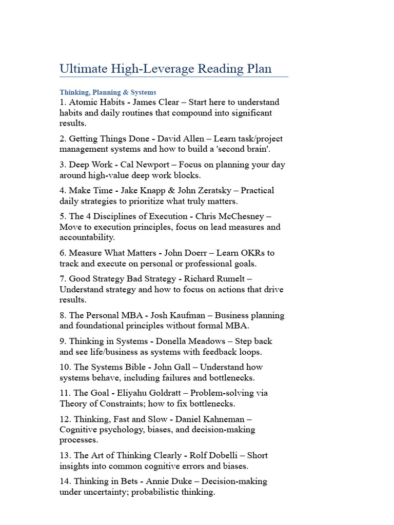 High-Leverage Reading Plan Guide | PDF | Decision Making | Startup Company
