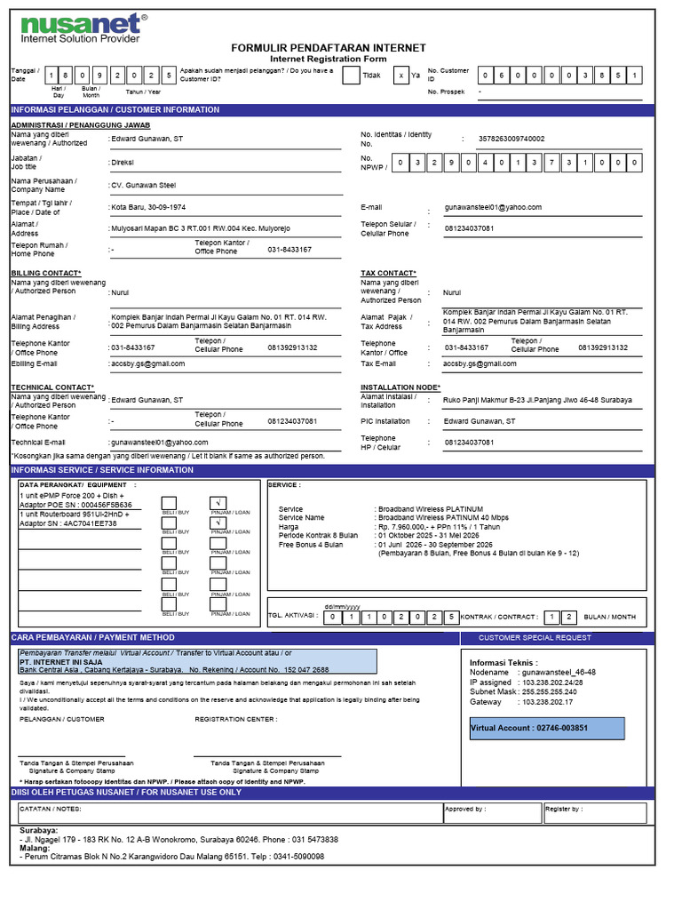Formulir Pendaftaran Internet CV Gunawan Steel | PDF