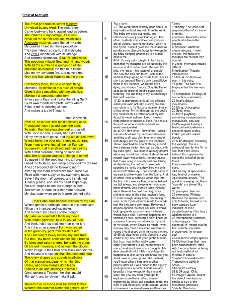 Coleridge - Frost at Midnight Notes | PDF | Samuel Taylor Coleridge ...