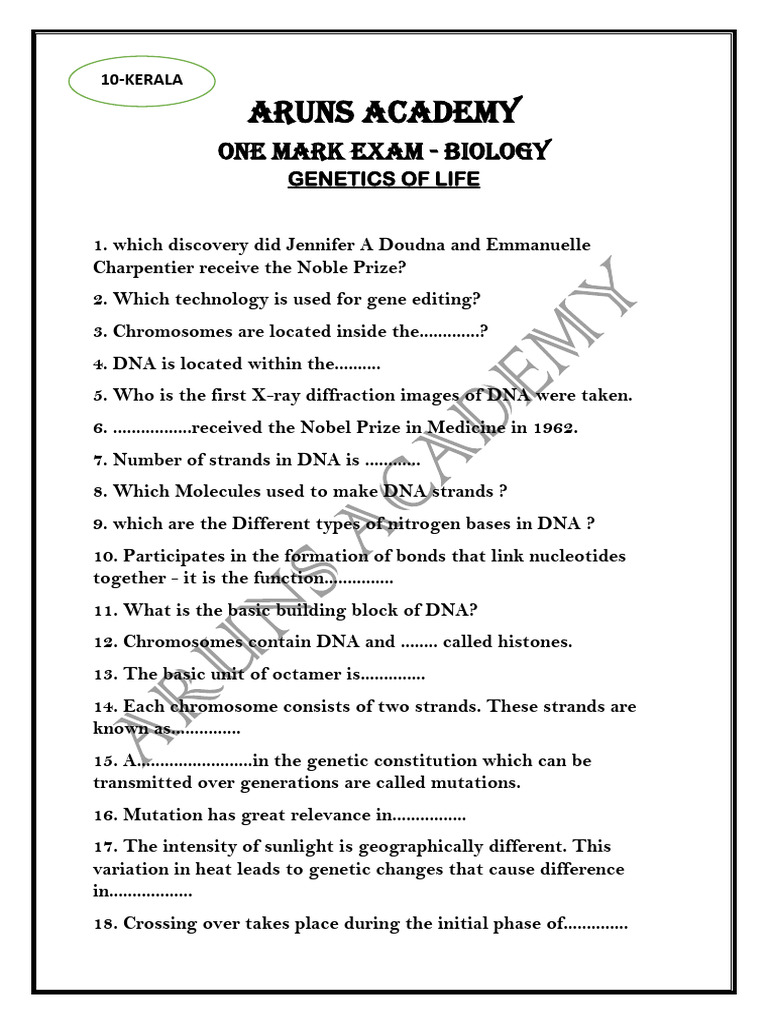 One Mark Exam: Genetics of Life | PDF | Genotype | Dominance (Genetics)