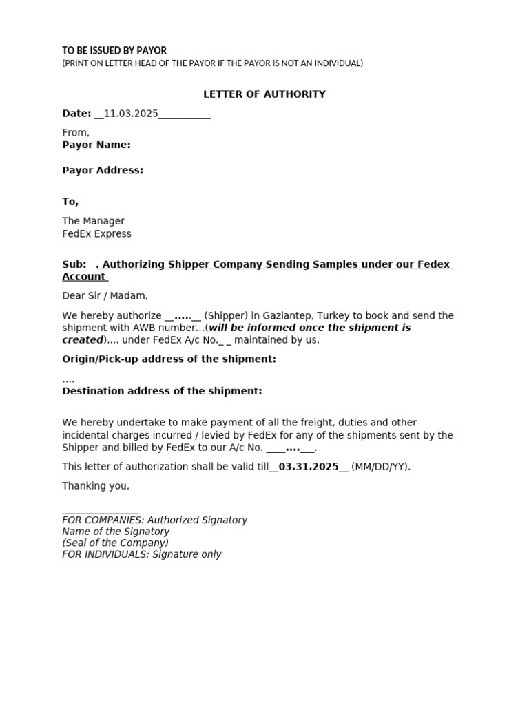 Payor Authorization for Shipment | PDF