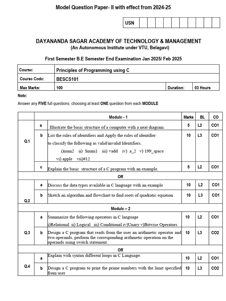 C Programming Principles Exam Paper 2025 | PDF | Computer Program ...