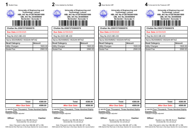 UET Lahore Semester 5 Fee Challan | PDF | Service Industries