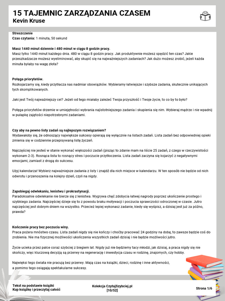 10 52 Kevin Kruse - 15 Tajemnic Zarządzania Czasem | PDF