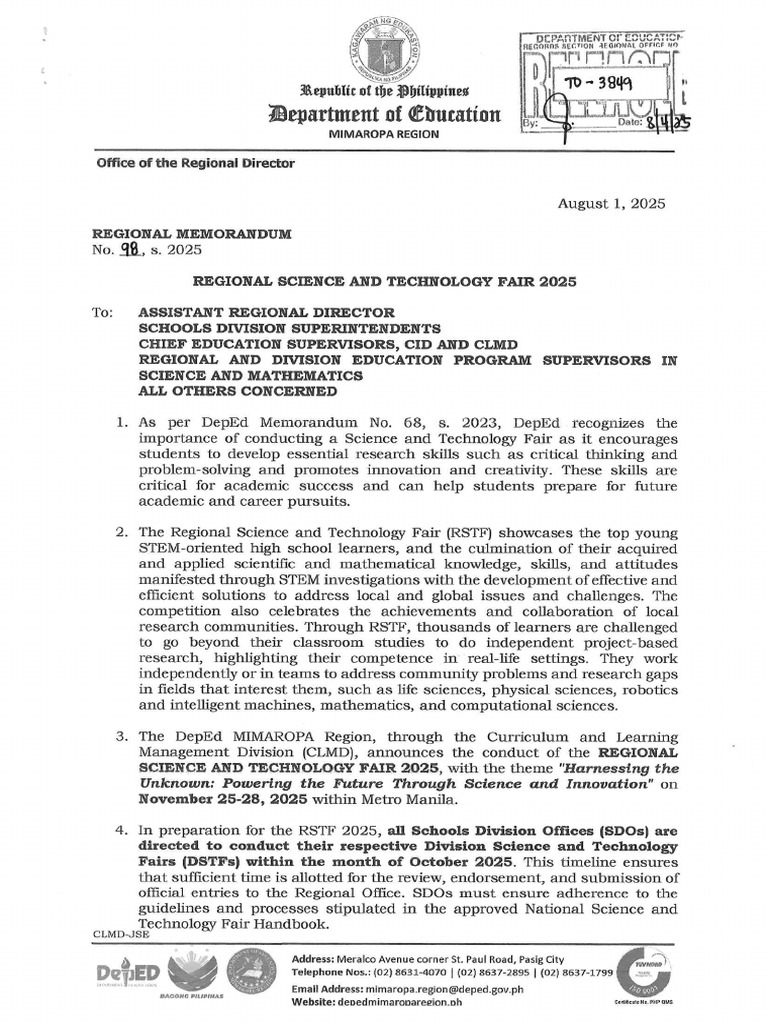 RM No. 98 S. 2025 Regional Science Technology Fair 2025 | PDF