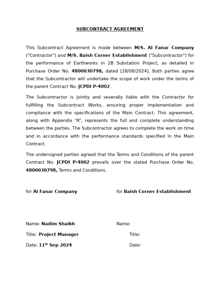 Subcontract Agreement | PDF