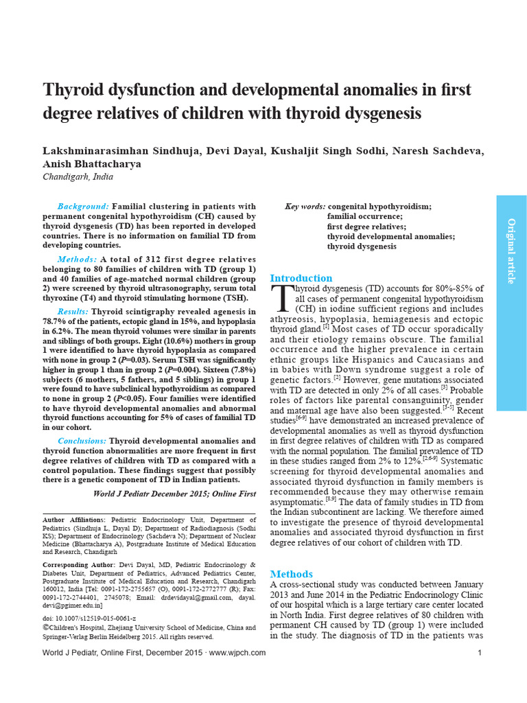 Thyroid Dysfunction And Developmental Anomalies In First Degree