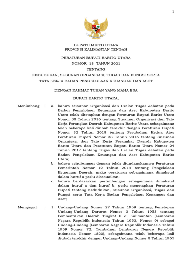 Perbup Barito Utara No.18 Tahun 2021 TTG Kedudukan, Susunan Organisasi ...