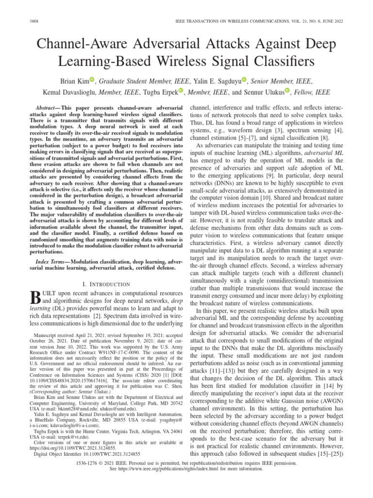 Channel-Aware Adversarial Attacks Against Deep Learning-Based Wireless Signal Classifiers | PDF ...