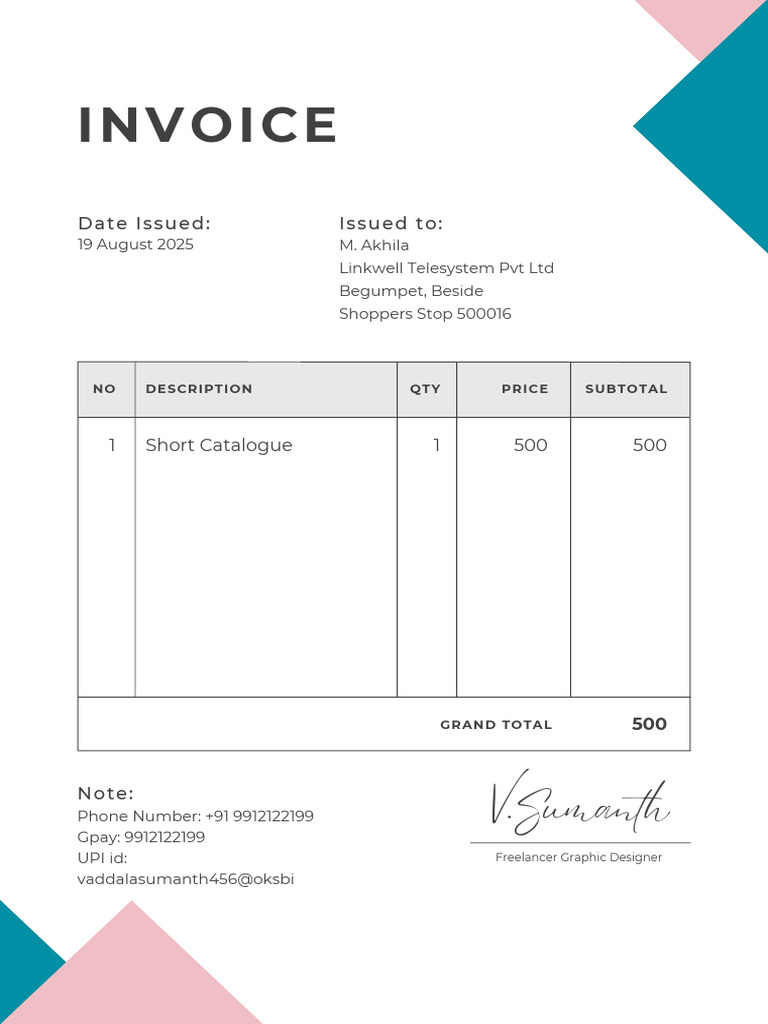 Pink and Teal Modern Minimalist Business Invoice | PDF