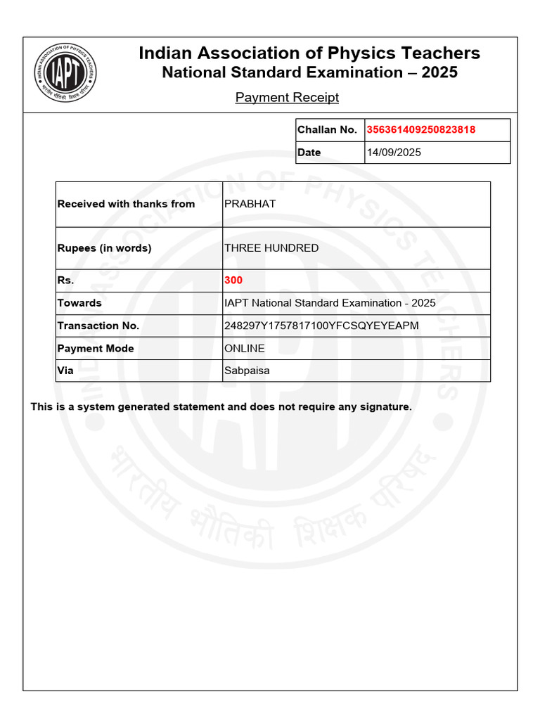 IAPT National Standard Exam Payment Receipt | PDF