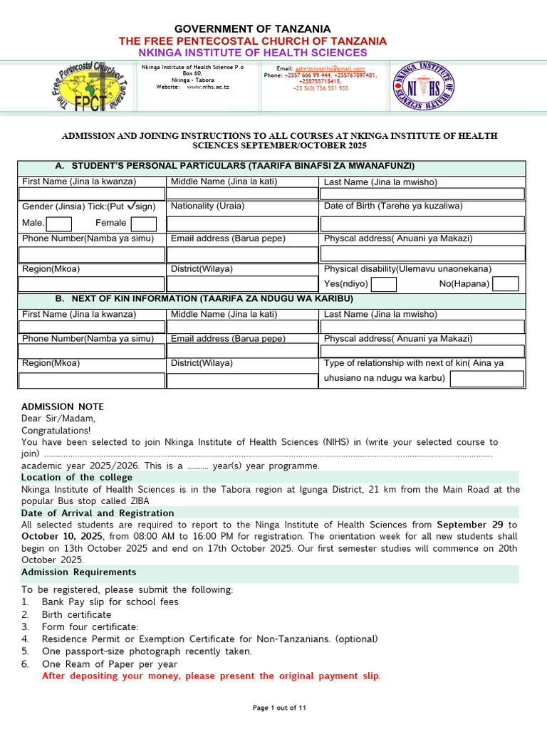 Nkinga Ihs Admission Form &joining Instructions 20252026 | PDF ...