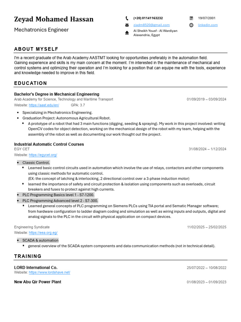 Mechatronics Engineer Resume Summary | PDF | Automation | Programmable ...