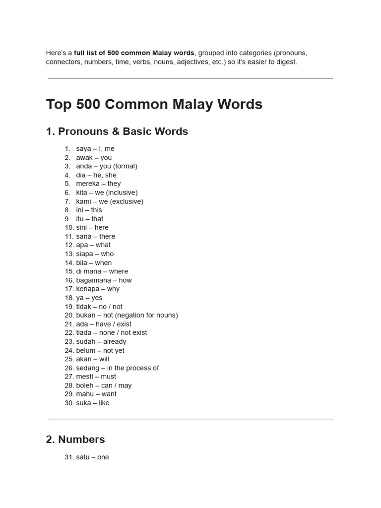 Top 500 Malay Vocabulary Words | PDF | Noun | Pronoun