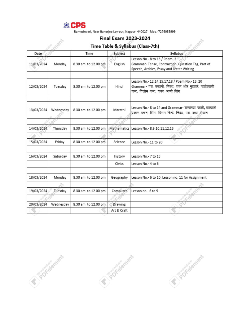 Class 7 Final Exam Timetable 2024 | PDF