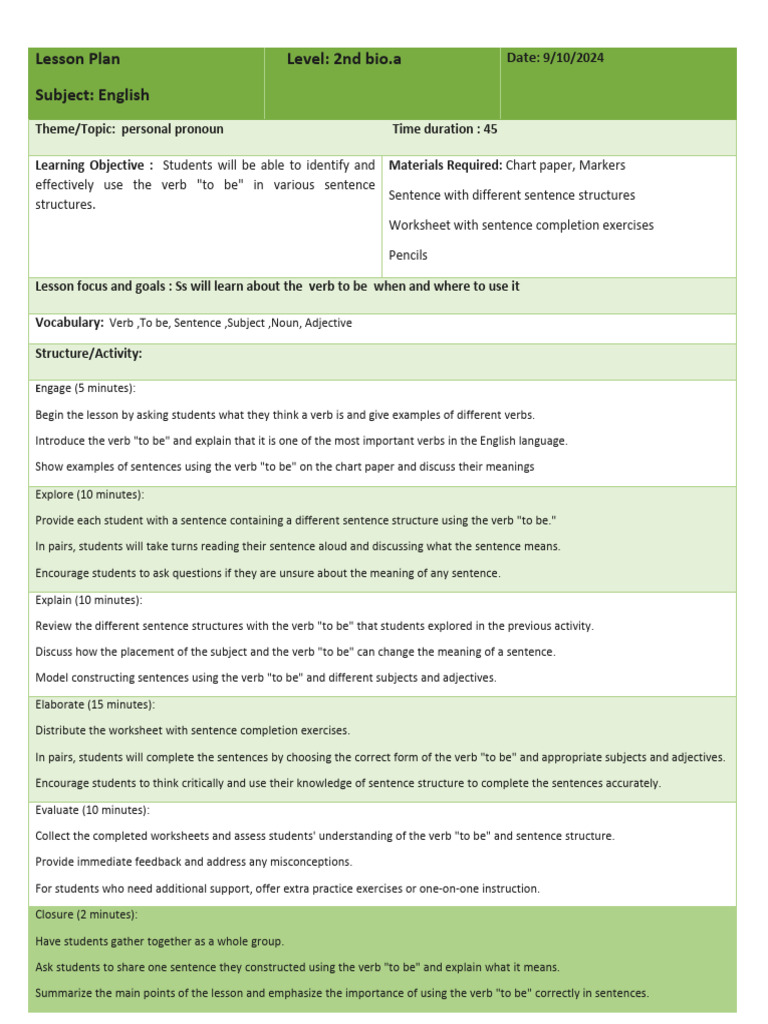 2 Verb To Be Lesson Plan | PDF | Verb | Subject (Grammar)