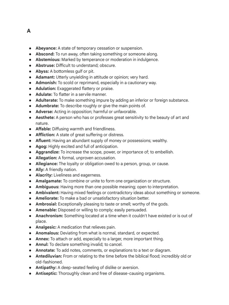 Vocabulary Words A-C Definitions | PDF