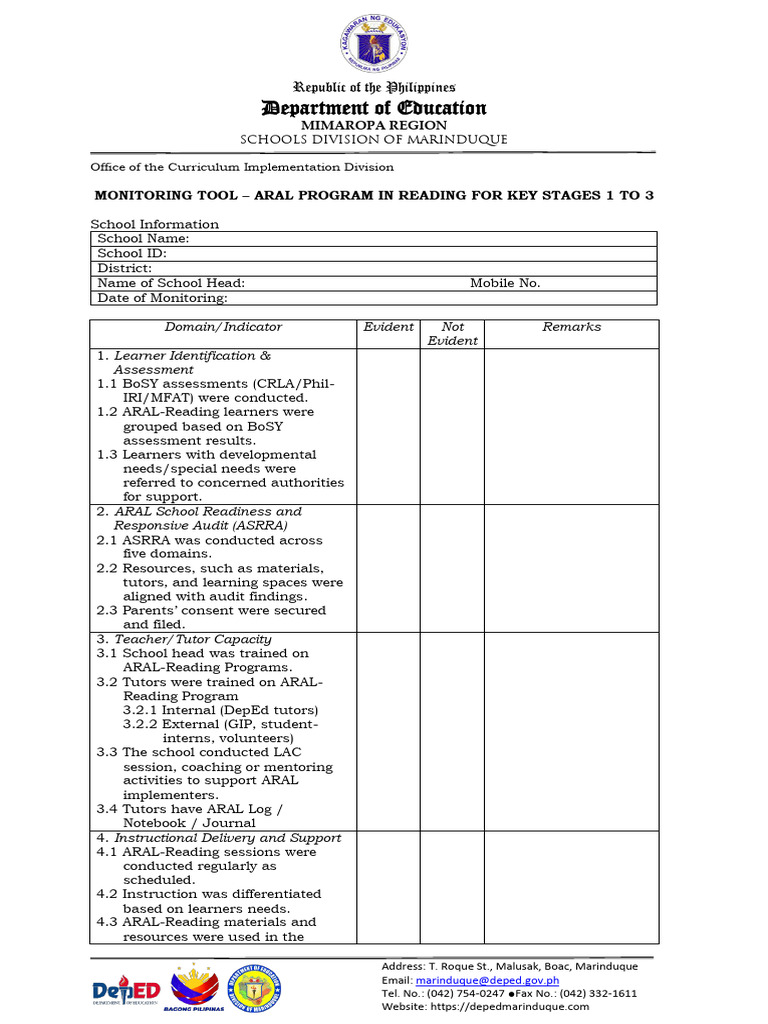 ARAL Reading Program Monitoring Tool | PDF | Behavior Modification | Learning