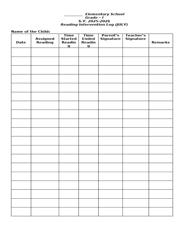 Reading Intervention Log | PDF