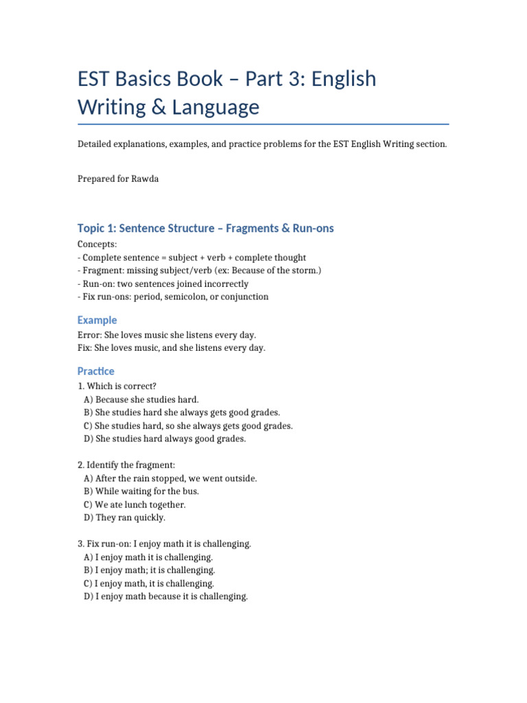 EST English Writing Basics Guide | PDF | Verb | Subject (Grammar)