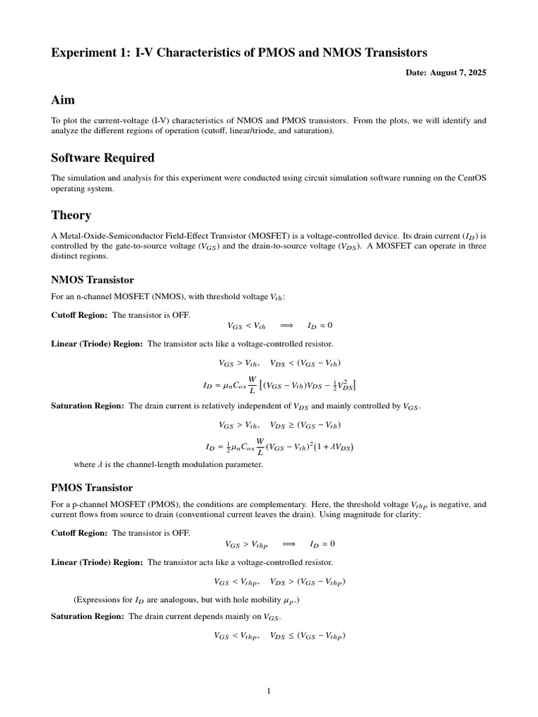 I-V Characteristics of NMOS & PMOS Transistors | PDF | Mosfet | Amplifier