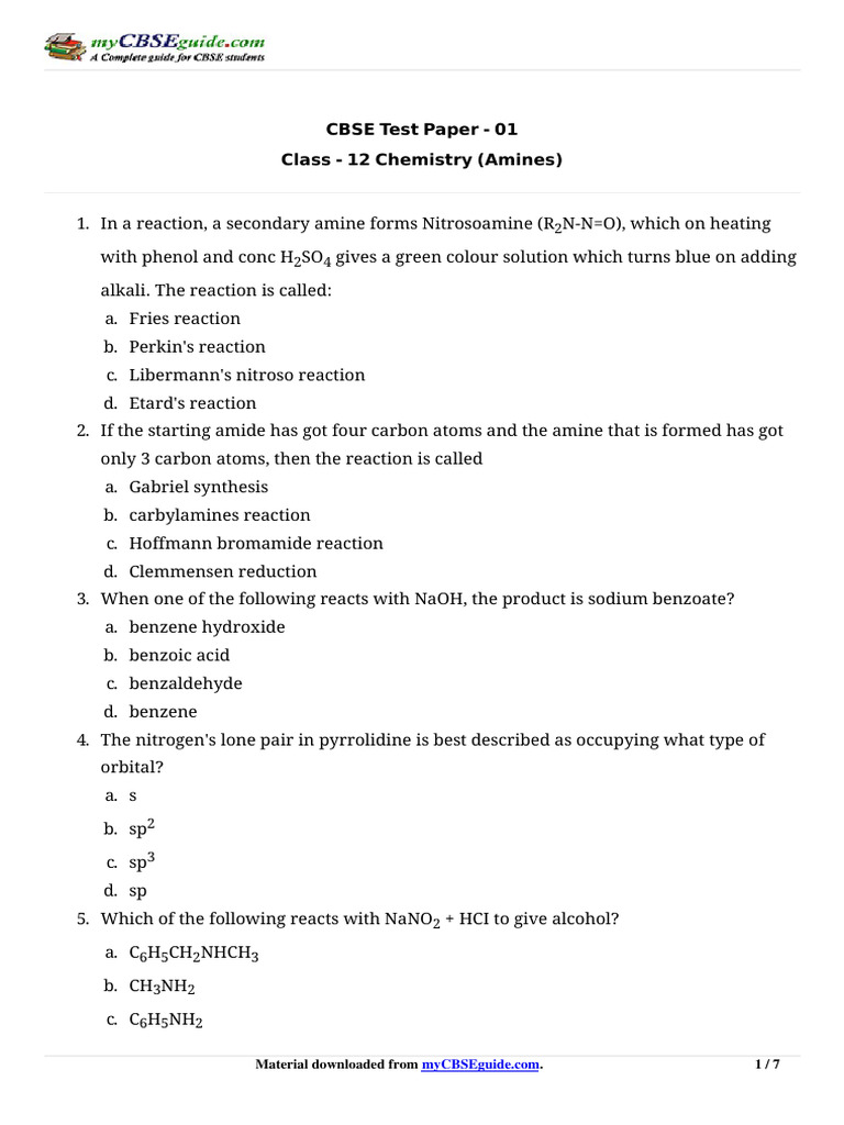 Class 12 Chemistry Test Paper on Amines | PDF | Amine | Chemical Compounds