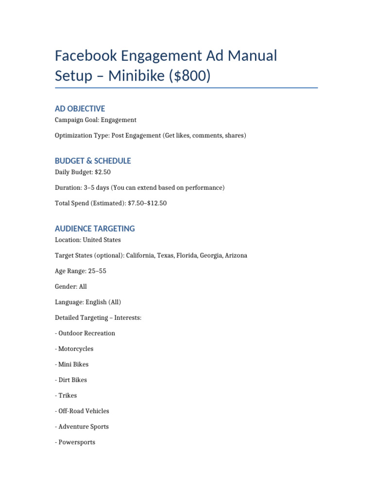 Facebook Engagement Ad Guide for Minibike | PDF | Facebook