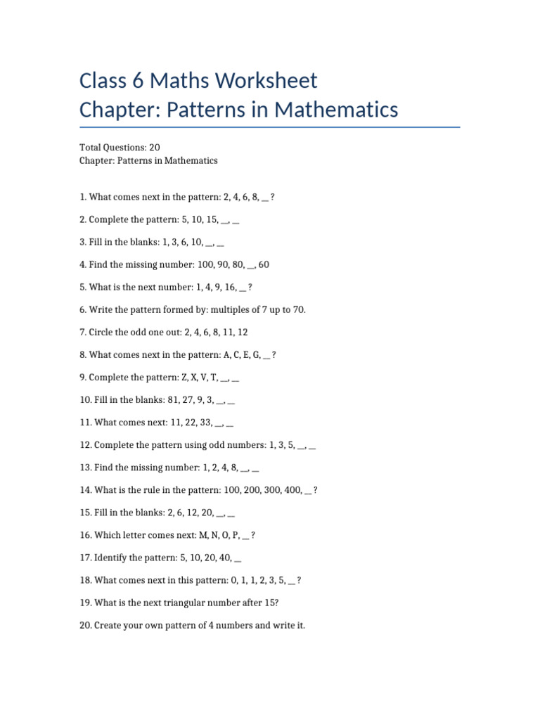 Class 6 Patterns in Mathematics Worksheet | PDF