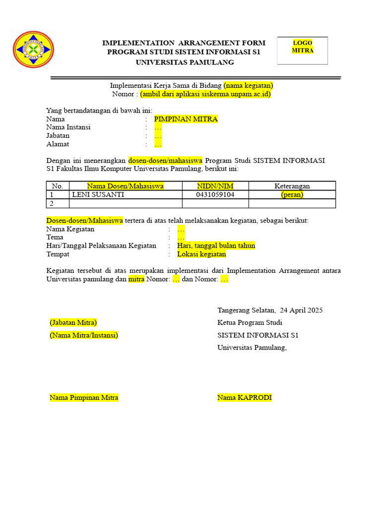 (Template) Implementation Arrangement Form (Ia) | PDF