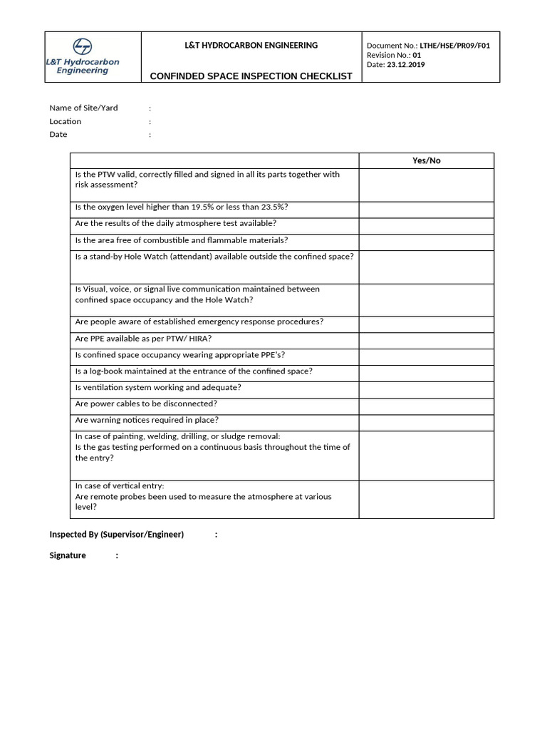 Confined Space Inspection Checklist | PDF
