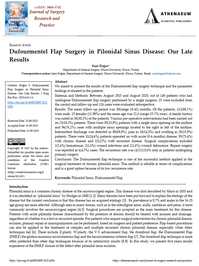 Dufourmentel Flap Surgery in Pilonidal Sinus Disease Our Late Results ...