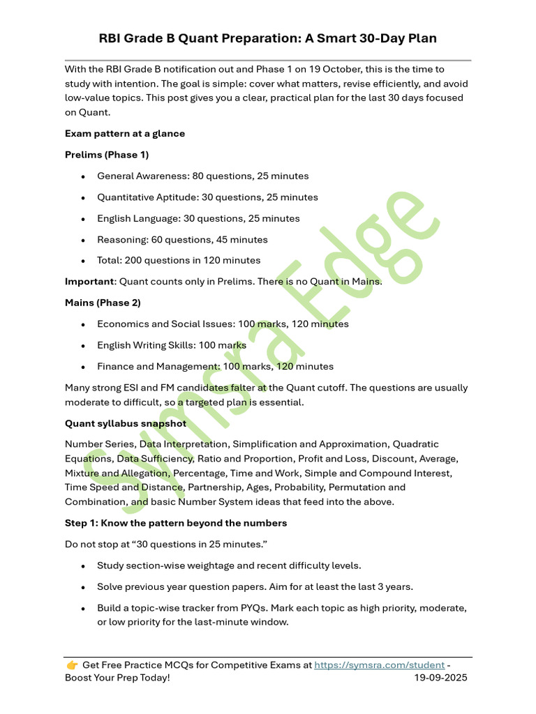 RBI Grade B Quant Preparation - A Smart 30-Day Plan | PDF ...