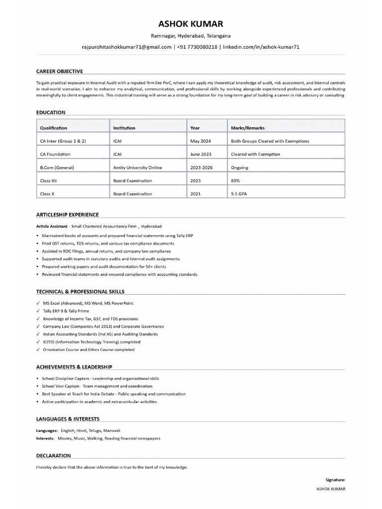 Ashok Kumar Resume PWC | PDF