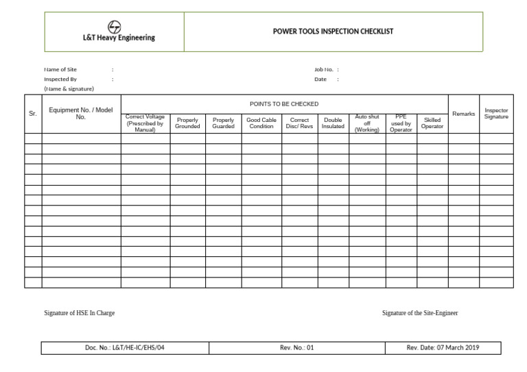 HEIC-EHS-04 Power Tool Inspection Checklist | PDF