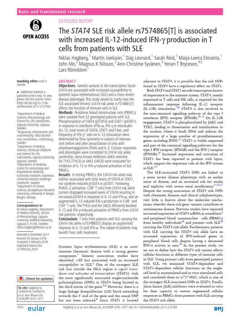The STAT4 SLE Risk Allele rs7574865 (T) Is Associated With Increased IL ...