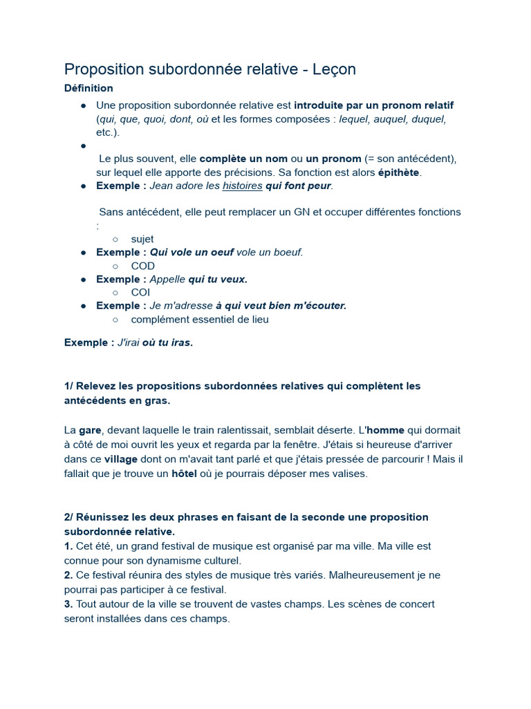 Exercices sur les propositions relatives | PDF
