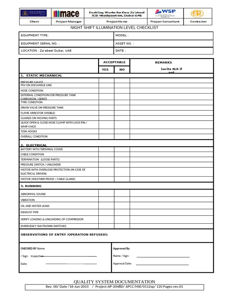 Night Shift - Illumination Level Checklist | PDF
