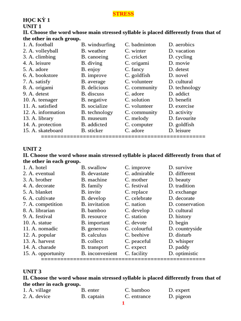 Stressed Syllable Exercises for Vocabulary | PDF