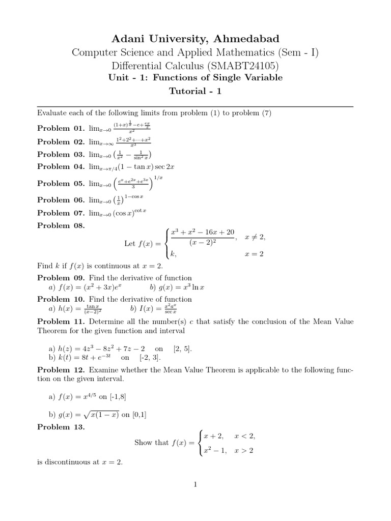 Tutorial - 1 - Differential - Calculus - Unit - 01 | PDF | Function (Mathematics) | Derivative