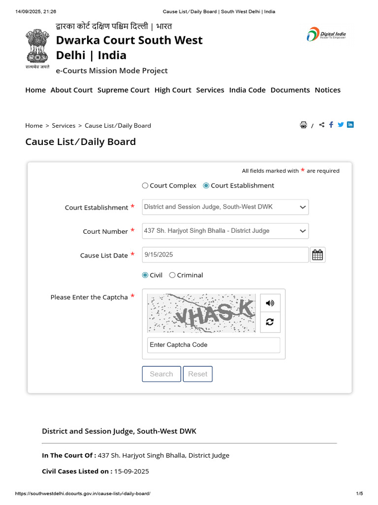 Dwarka Court Daily Cause List | PDF