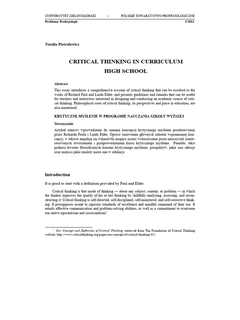 Critical Thinking in Curriculum | PDF | Critical Thinking | Thought